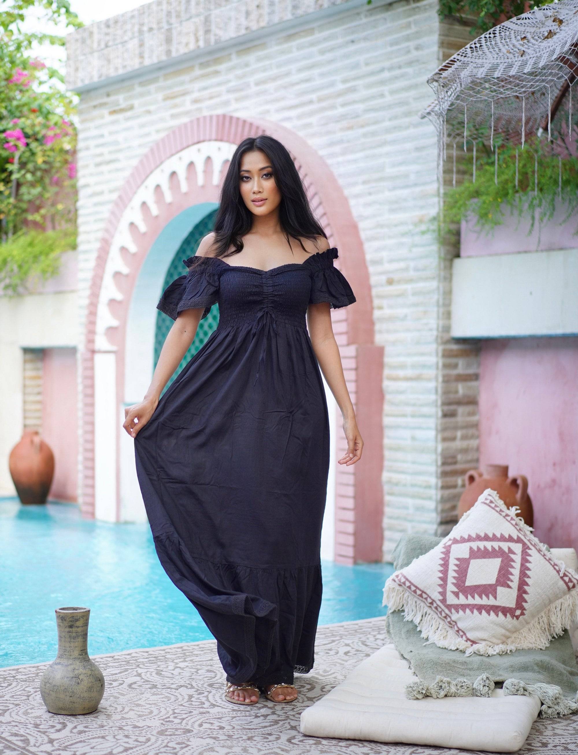 Long Maxi Dress with Smocked Bust and Ruffle Lace Trim S-5XL ...